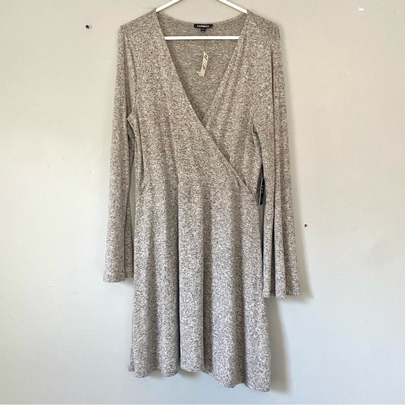 Express | Dresses | New Express Dress Long Sleeve Midi Grey Gray V Neck ...